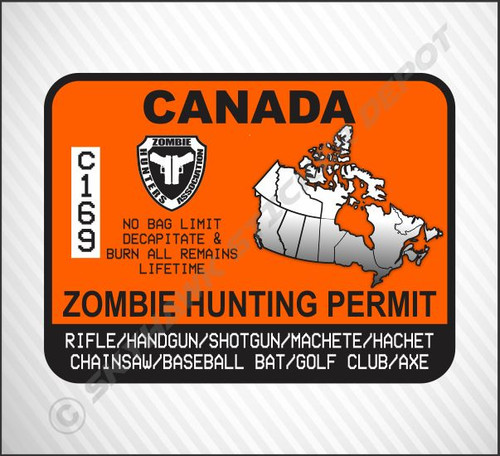 Zombie Hunting Permit Canada Vinyl Sticker Decal Ca Walking Dead Gun ...