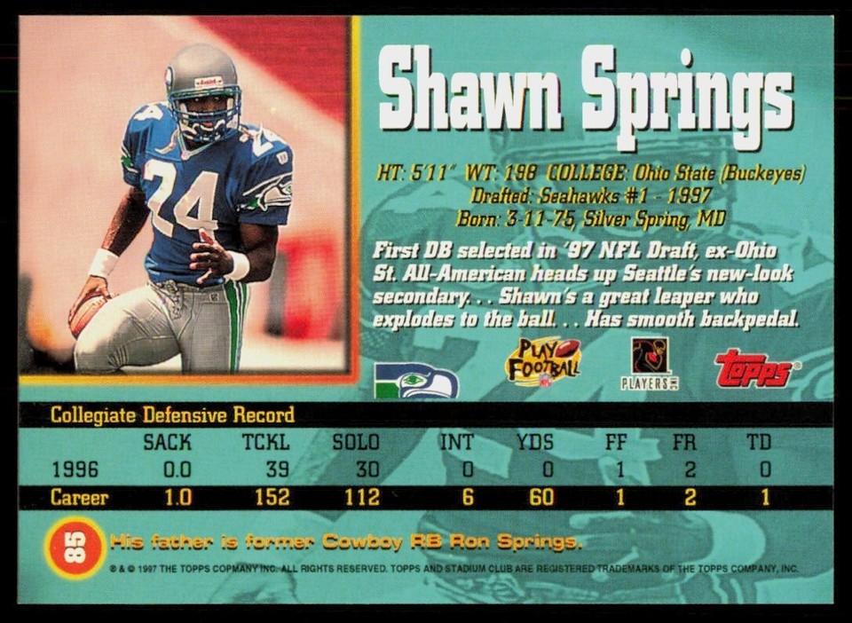 1997 Topps Stadium Club Shawn Springs Rookie Seattle Seahawks #85 | eBay