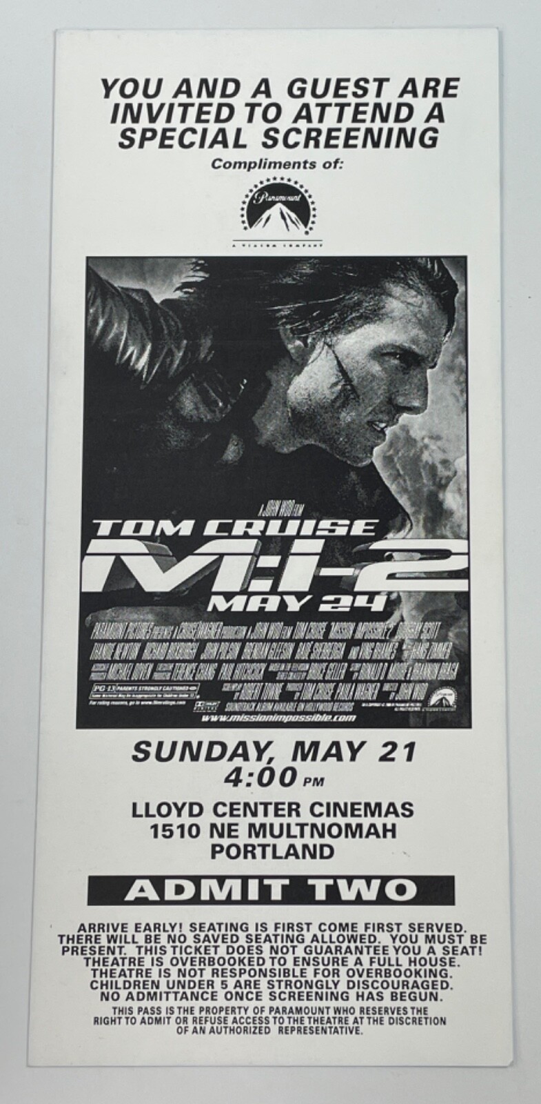 MISSION IMPOSSIBLE II JOHN WOO TOM CRUISE ADVANCE SCREENING INVITATION ...
