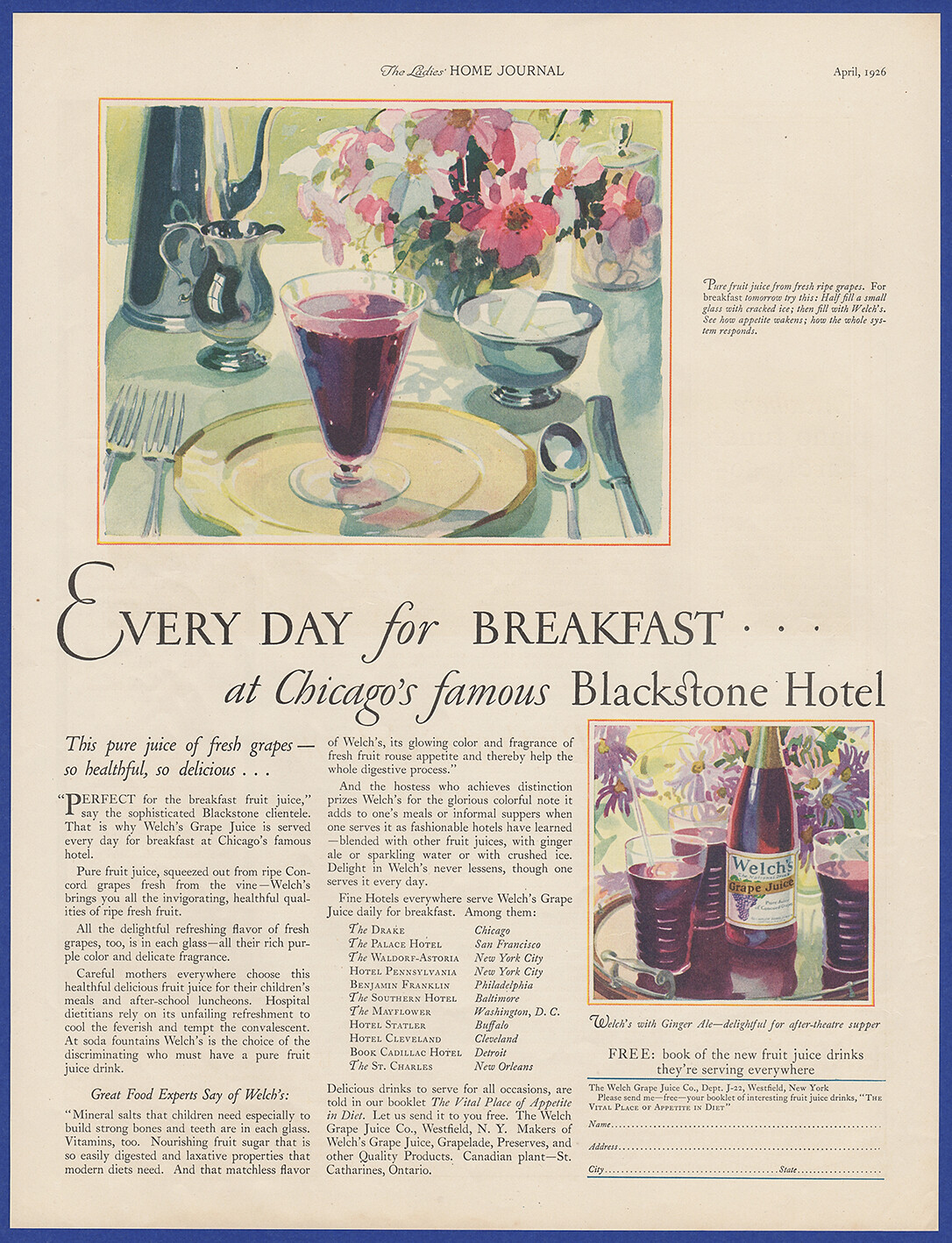 Vintage 1926 WELCH'S Grape Juice Chicago Blackstone Hotel Kitchen 20's ...