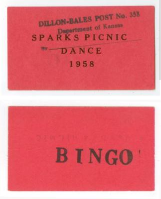 1958 Sparks Kansas Picnic - Dance - Bingo ticket - Dillon-Bales Post ...