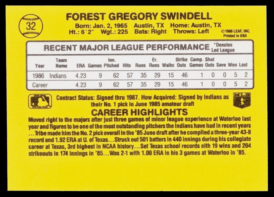 1987 Donruss - Rated Rookie Greg Swindell #32 (RC) | eBay