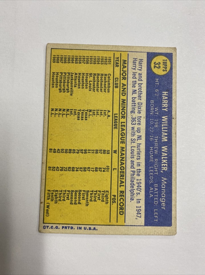 1970 Topps Baseball Harry Walker Houston Astros Card #32 | eBay