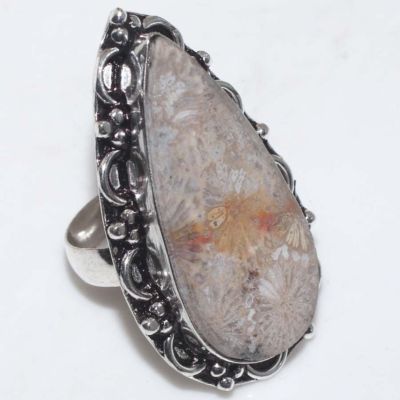 Handmade Coral Fossil Chrysanthemum 925 Sterling Silver Ring Size: 7.5 ...