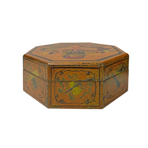 Chinese Distressed Light Brown Octagon Dragon Treasure Graphic Box ...