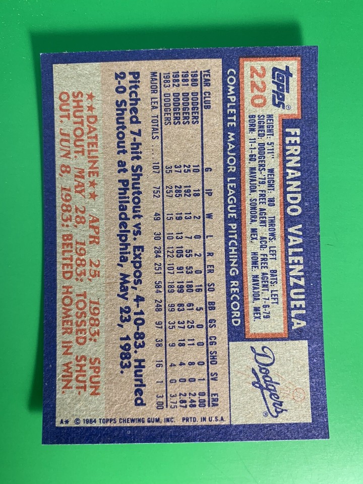 1984 Topps Fernando Valenzuela #220 Los Angeles Dodgers | eBay