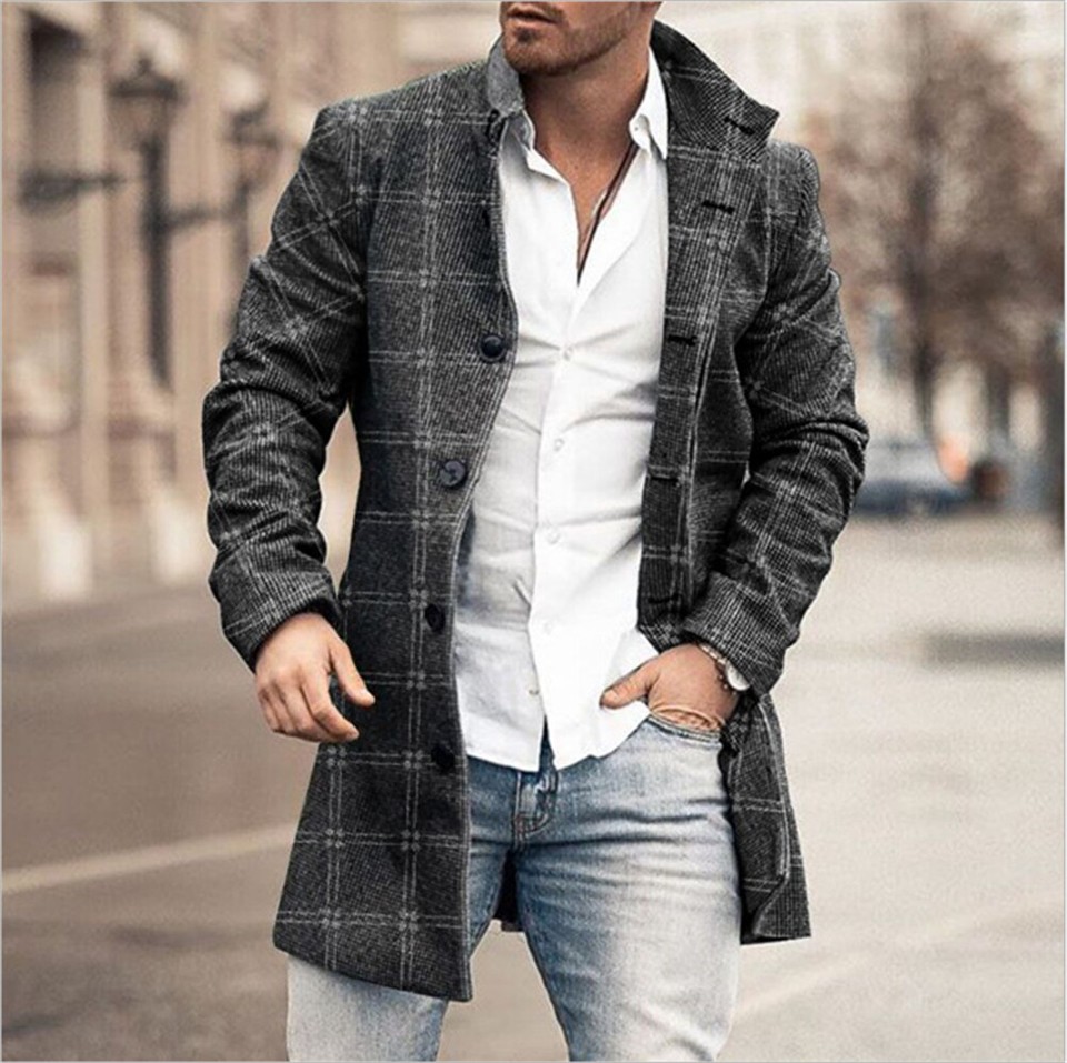 Men's Wool Blend Trench Coat Winter Warm Slim Fit Single Breasted Long ...