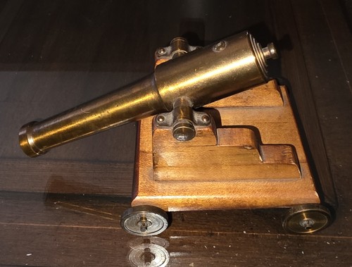 5.5 Inch BRASS CANNON army military weapon toy wood miniature vtg war ...