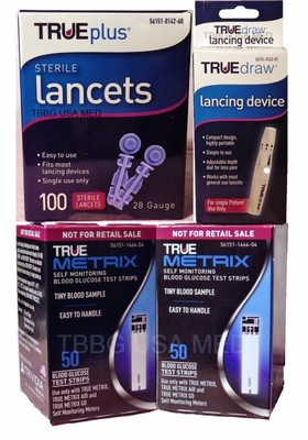 100 TrueMetrix Glucose Test Strips & True Plus Lancets 28G&Device ...