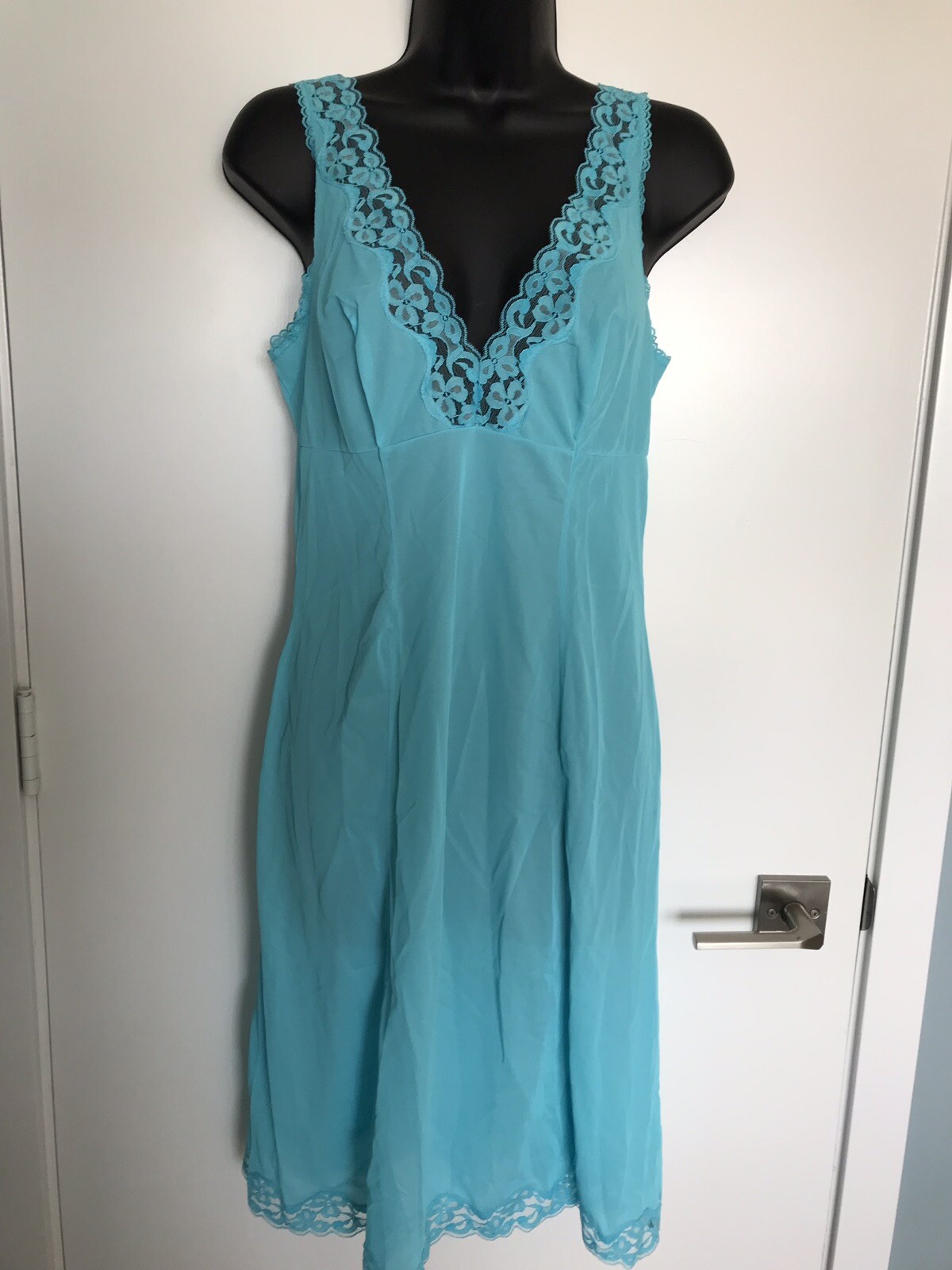 Vintage 70s Nylon Silky Sheer Blue Lace Nightgown Che… - Gem