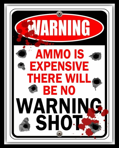 AMMO IS EXPENSIVE NO WARNING SHOT SECURITY TRESPASS METAL PLAQUE TIN ...