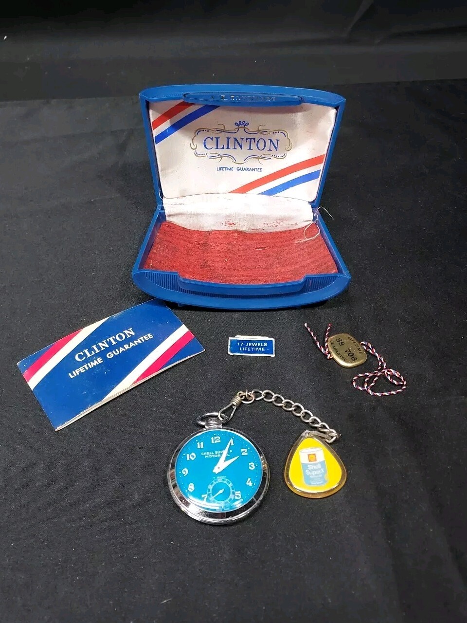 Old 1960s Clinton Shell Super X Motor Oil Dealer Pocket Watch Running ...