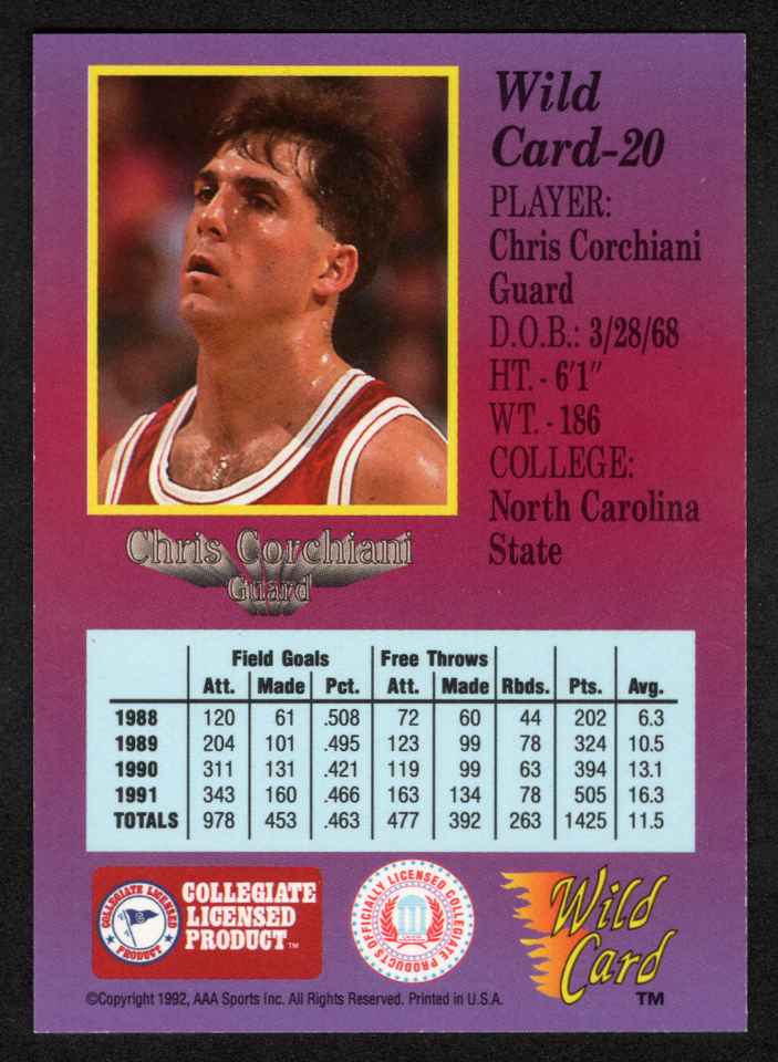 1991-92 Wild Card Basketball Set Card # 20 Chris Corchiani NC State ...