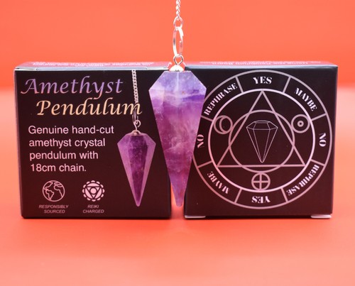 Hand-Cut Genuine Amethyst Crystal Pendulum in Pendulum Chart Gift Box ...