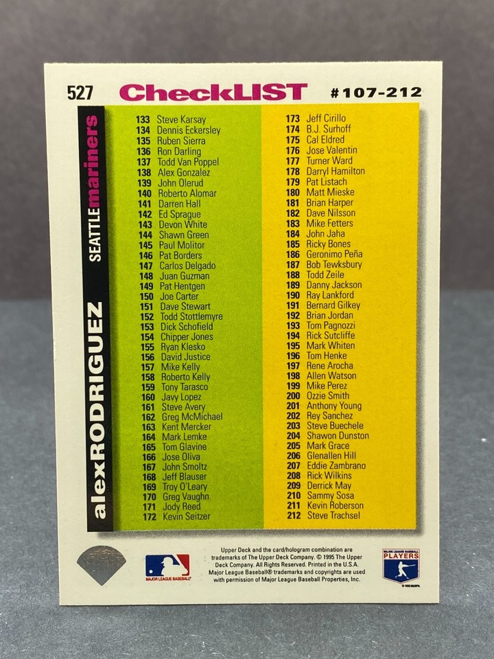 1995 Upper Deck BASEBALL CHECKLIST Card No. 527 Mint Crease-Free ALEX ...