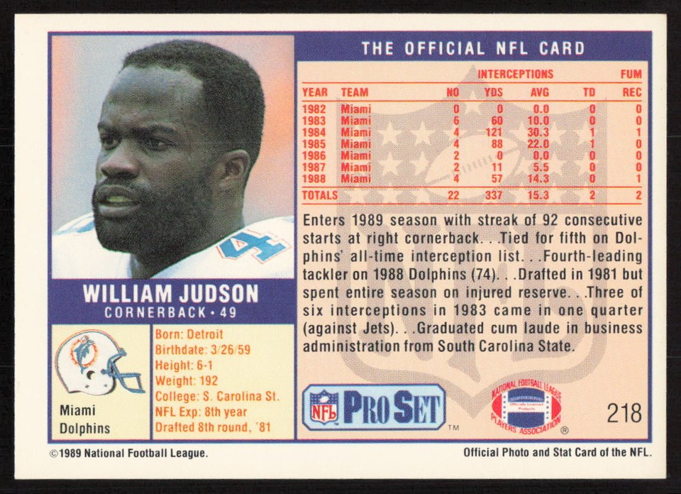 1989 Pro Set William Judson #218 Miami Dolphins | eBay