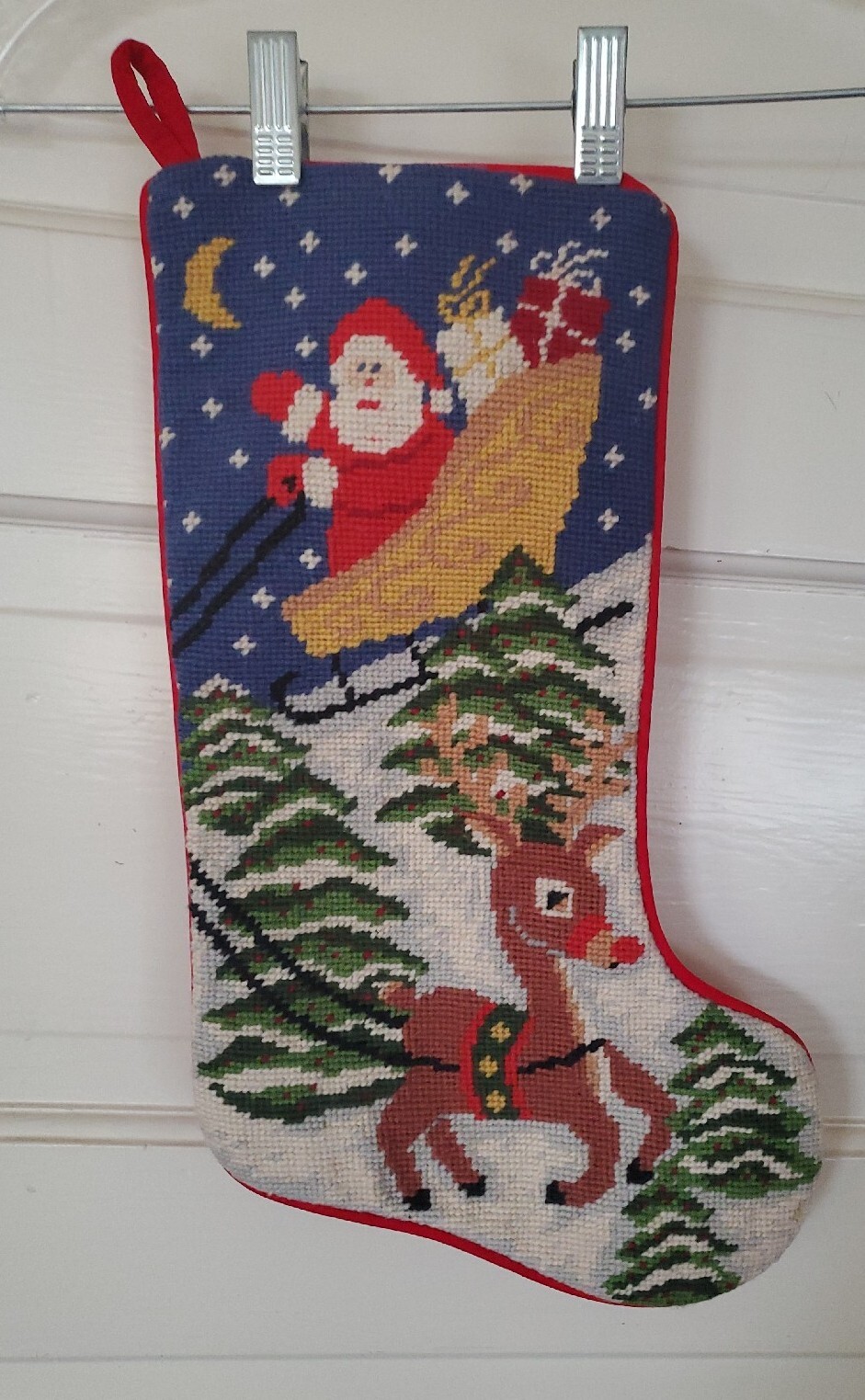 Vintage Needlepoint Santa Reindeer Wool Christmas Stocking | eBay