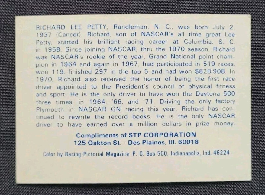 1972 STP Corporation Richard Petty NASCAR Rookie Card | eBay