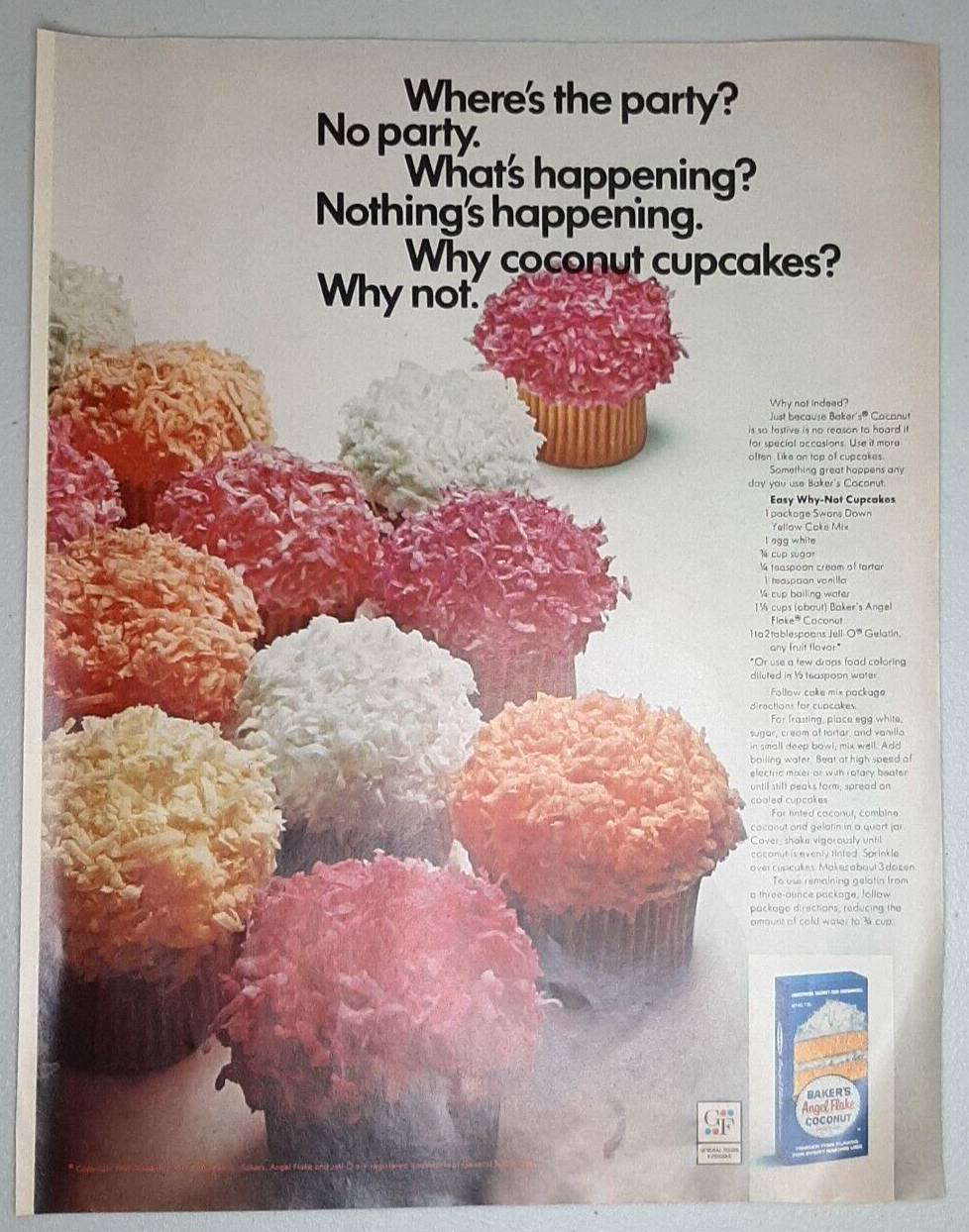 1967 Bakers Coconut Vintage Print Ad Cupcakes Angel Flake Colors Baking ...