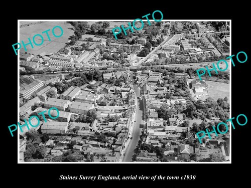 OLD 8x6 HISTORIC PHOTO OF STAINES SURREY ENGLAND AERIAL VIEW OF TOWN ...