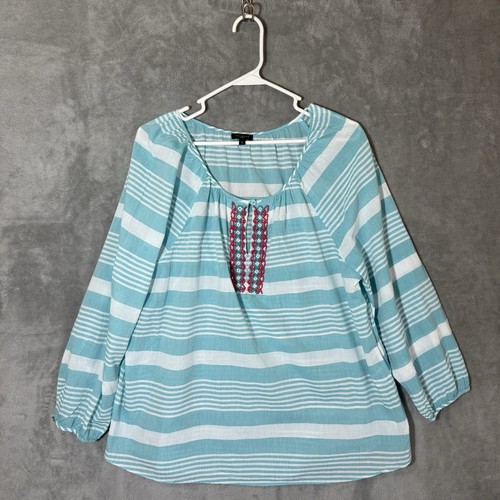 Talbots Button Shirt Women 1x Teal Blue Beachy Striped 3 4 Sleeve ...