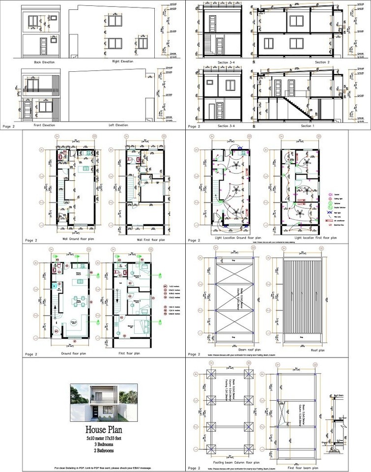 17x33 Feet Small House Plan 5x10 Meters 3 Bed 2 Bath PDF Plan (A4 Hard ...