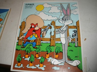 VINTAGE PLAYSKOOL Wooden Tray Jigsaw Puzzle 1985 Bugs Bunny & Yosemite ...