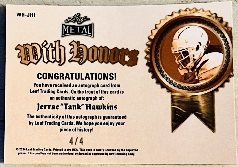 2024 Jerrae "Tank" Hawkins 4/4 Leaf Metal With Honors Red Auto Florida ...