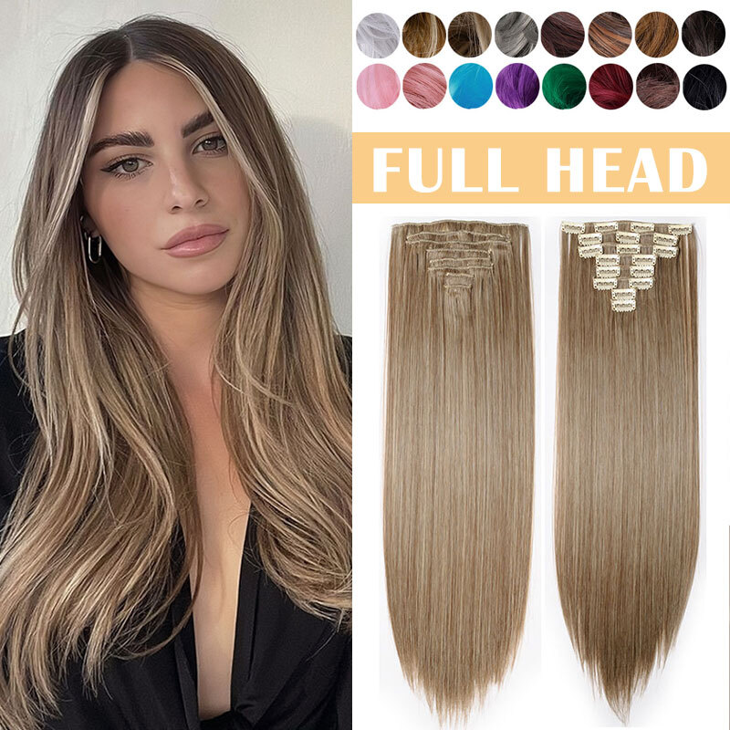 100% Natural Thick Clip in Hair Extensions 8 Pieces Full Head Long As ...
