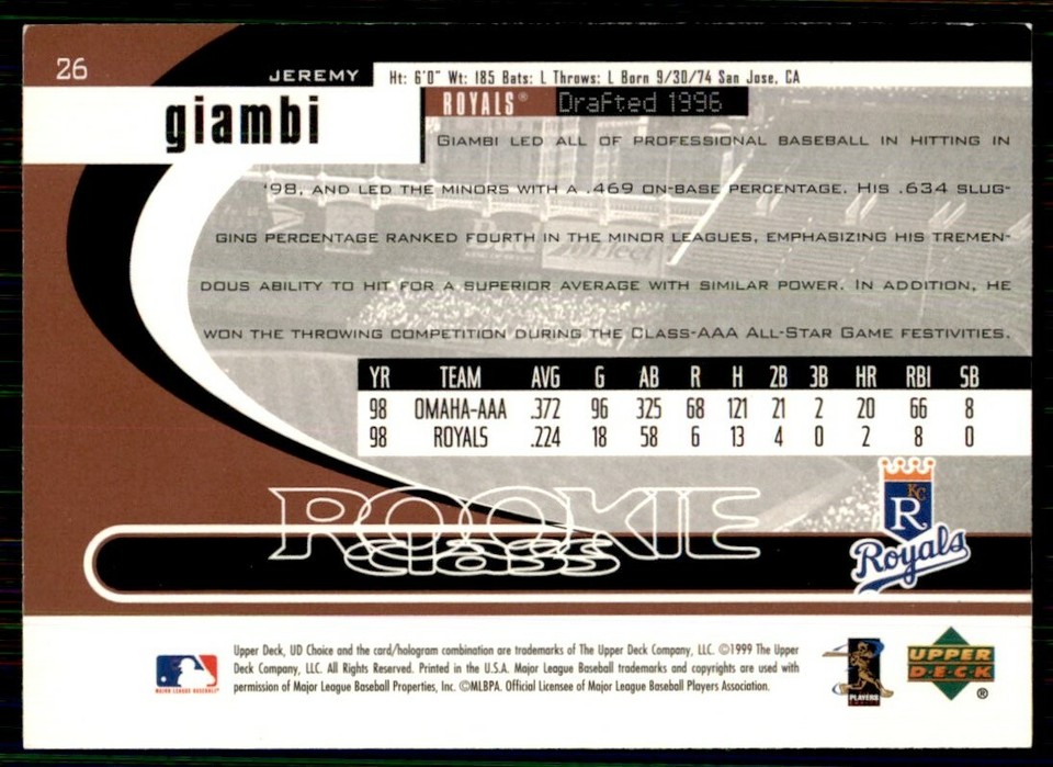 1999 UD Choice Rookie Class Jeremy Giambi Kansas City Royals #26 | eBay