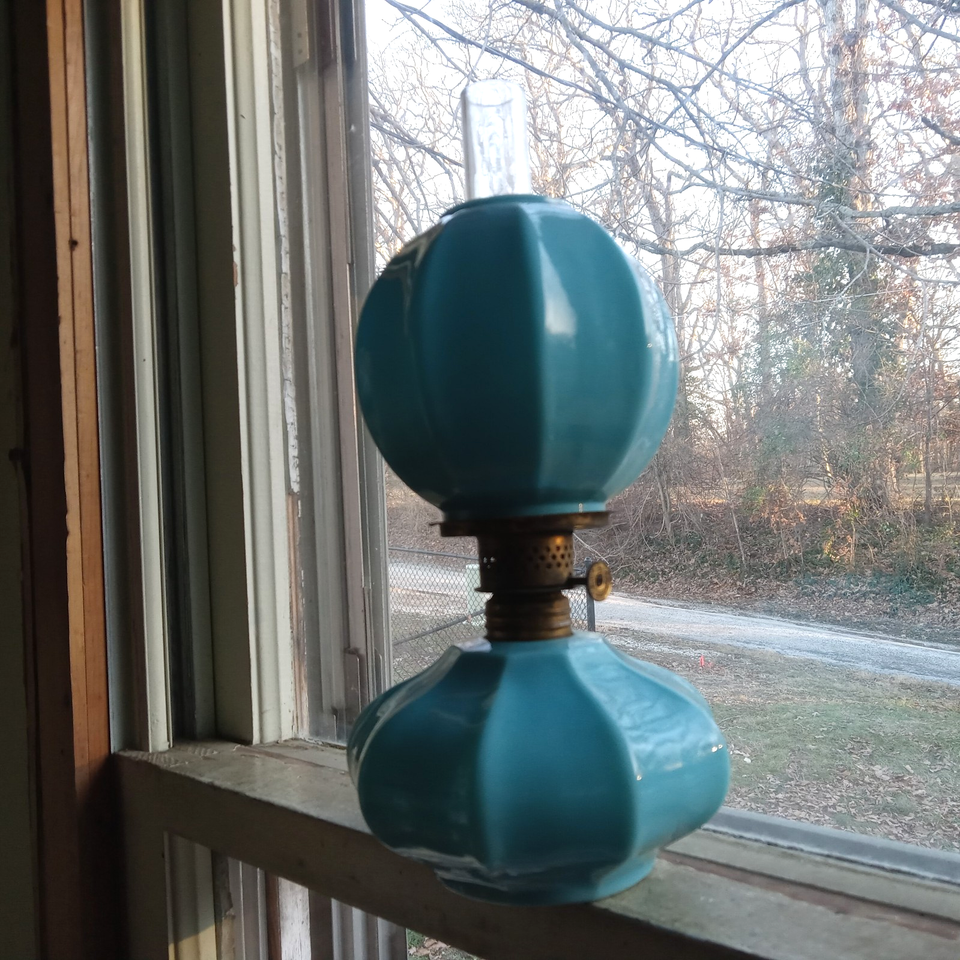 1898 BLUE OPAQUE GLASS UNCLE SAM RIBBED MINIATURE OIL LAMP W/MATCHING ...