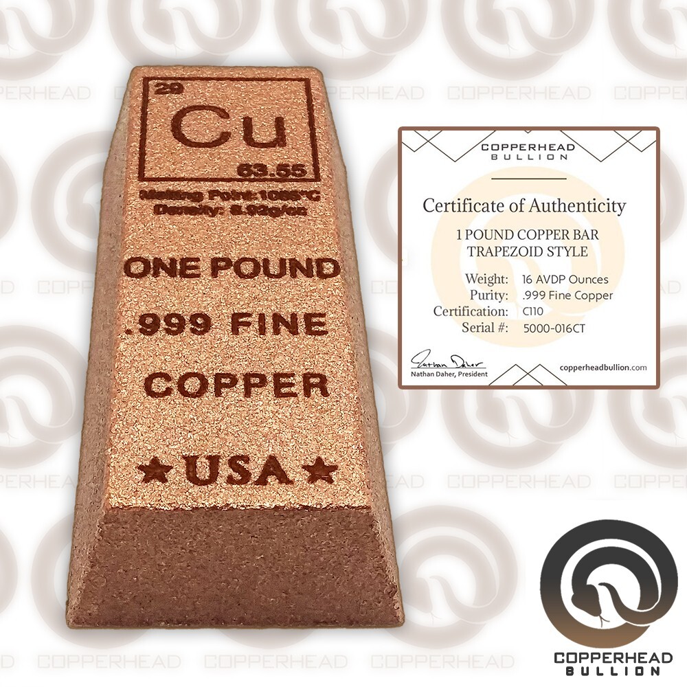 1 Pound lb (16 oz) Copper Bullion Bar Element Trapezoid Style .999 Fine ...