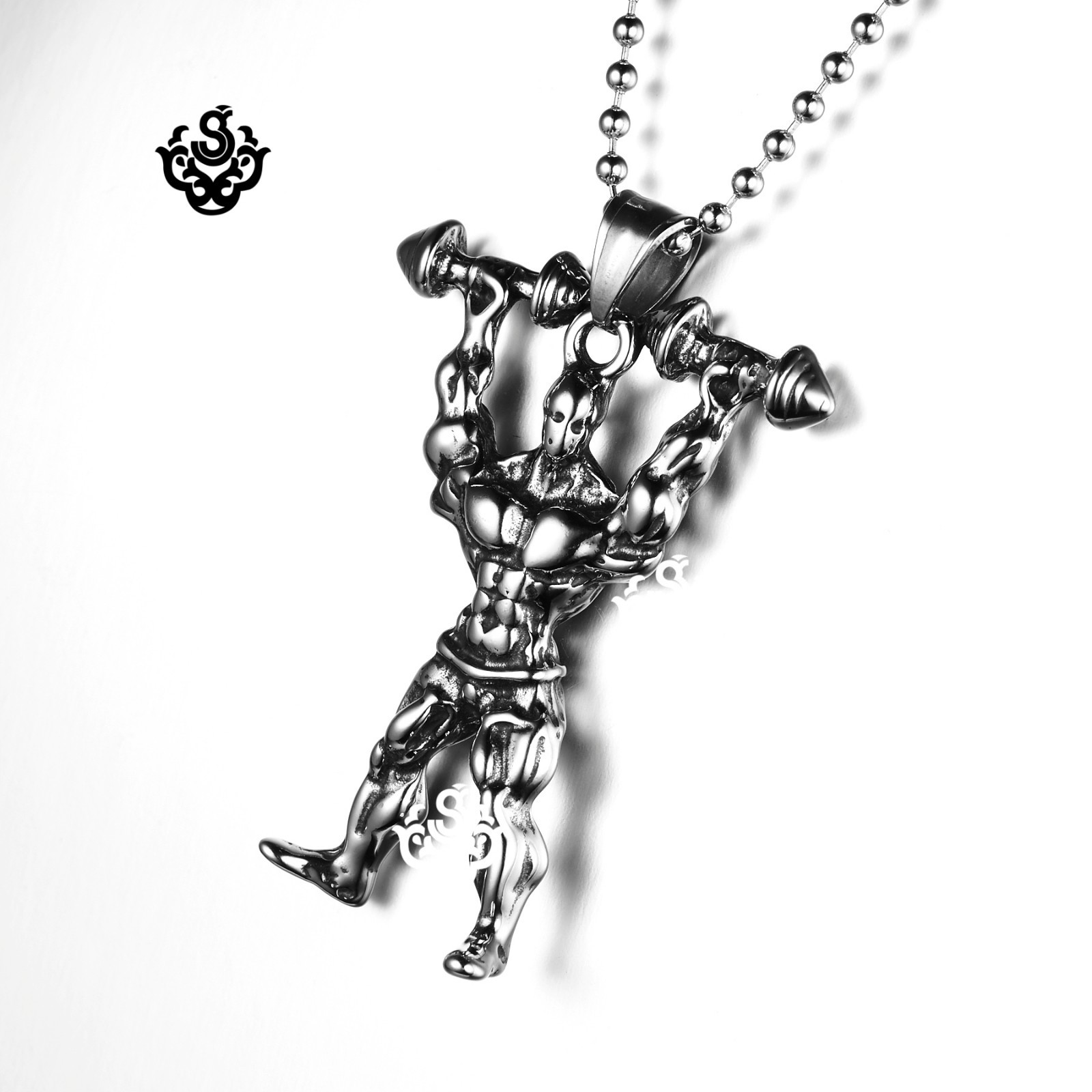 Silver Stainless Steel Bodybuilder Hat Weight Dumbbells Pendant Chain ...