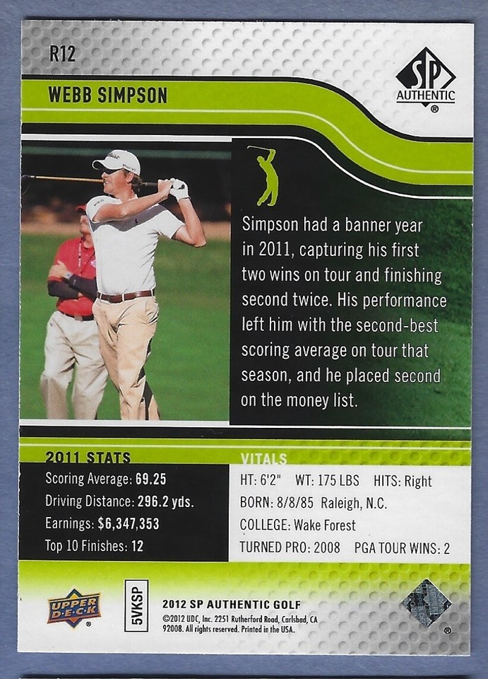 2012 SP Rookie Extended Series #R12 Webb Simpson Rookie Card PGA | eBay
