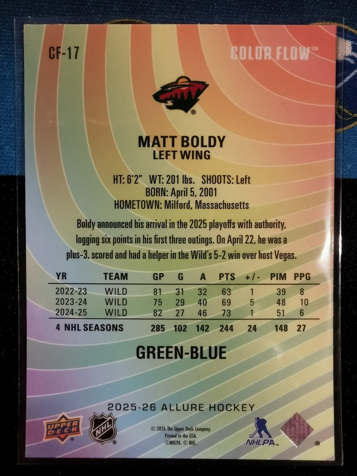 2025-26 UPPER DECK ALLURE green-blue COLOR FLOW #CF-17 MATT BOLDY | eBay