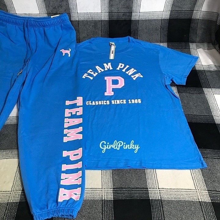 VS PINK IVY FLEECE BLUE CHARGE LOGO SWEATPANTS OUTFIT & SHORT SLEEVE ...