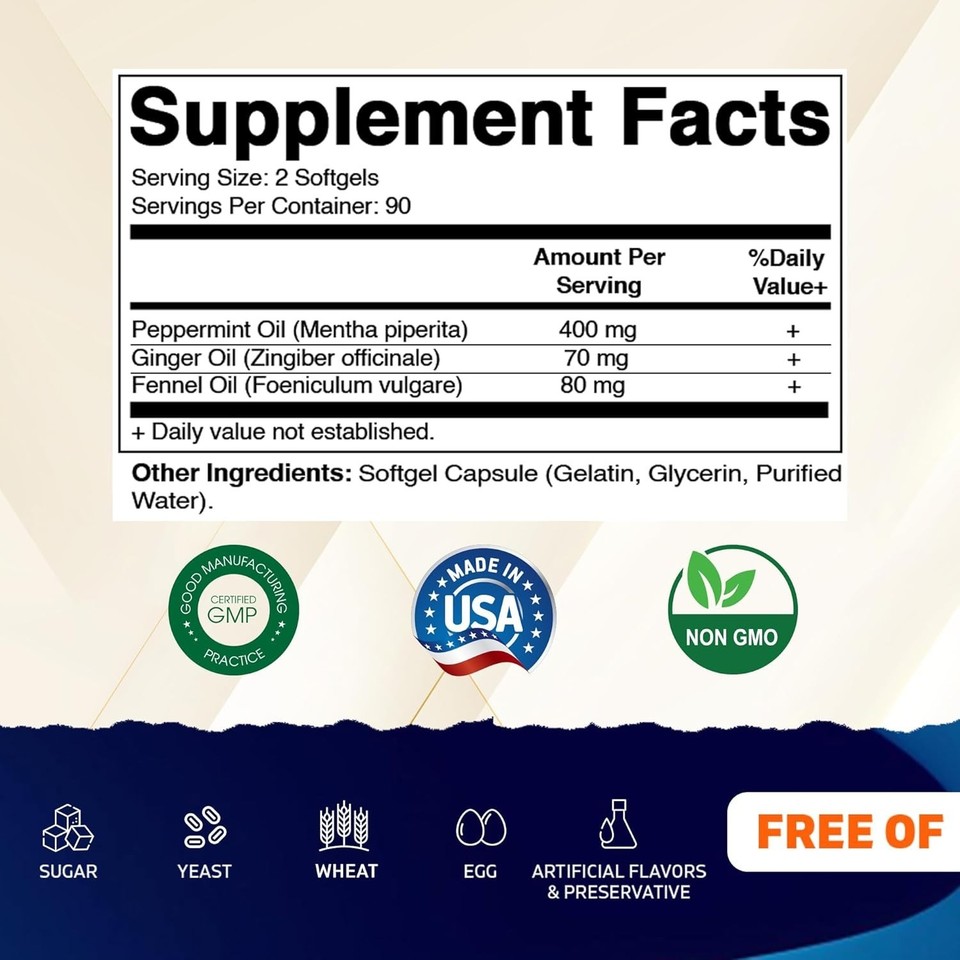 550mg Peppermint Oil Softgels with Ginger & Fennel for Digestive ...