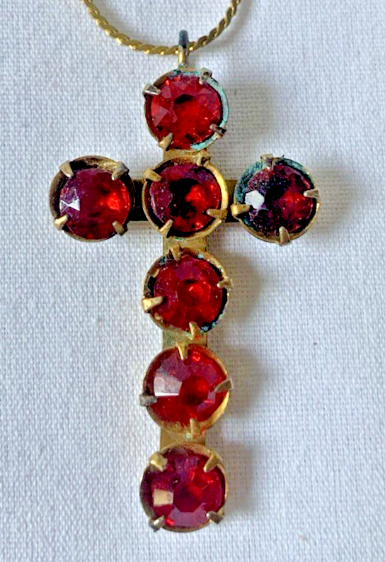 Vintage Gold Plated Ruby Red Glass Cross Pendant on 24" Chain-Circa 40 ...