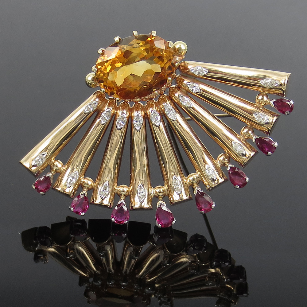 Retro 1950’s M.C. Mossalone Diamond Ruby & Citrine 14K Yellow Gold Fan Brooch | eBay
