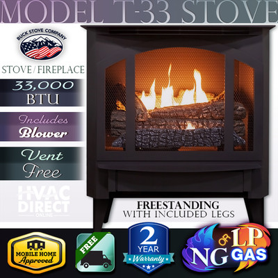 Buck Stove Premier T-33 Vent-Free 26" NG/LP Gas Stove w/ Blower & Legs ...
