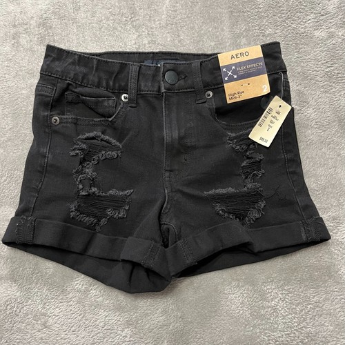 Aero Shorts Womens 2 Black High Rise Midi 3' Inseam Ripped Stretch ...