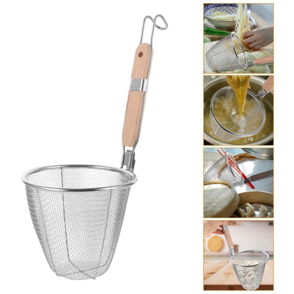 Noodle Strainer with Wooden Handle Spaghetti Mesh Basket Frying Food ...