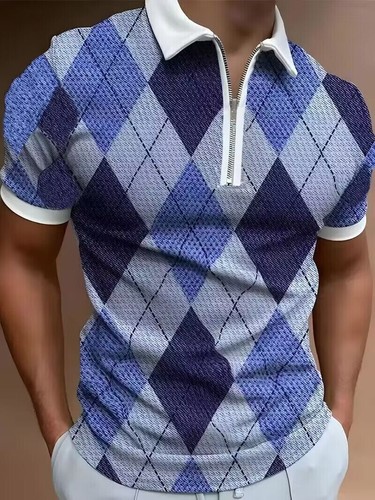 Polo T Shirts Plaid Diamonds Navy Blue Graphic Zipper Collar Golf White ...