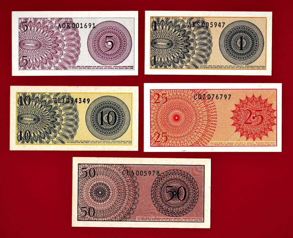 5 Indonesia UNC Notes Complete Fractional Set 1;5;10;25;50 Picks 90;91 ...