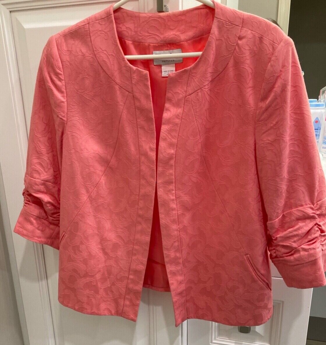 Women's 14 P, Peach Colored Jacket. 3/4 length Ruched Sleeves, hook&eye ...