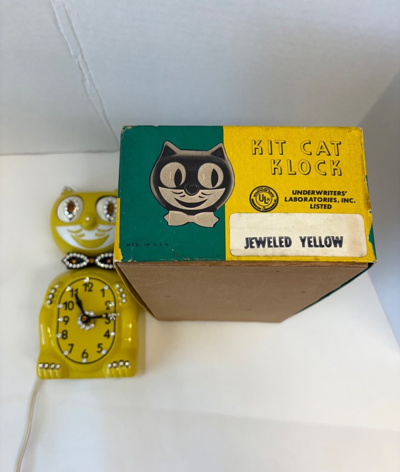 Restored Yellow jeweled vintage electric kit cat clock D8 with box! | eBay