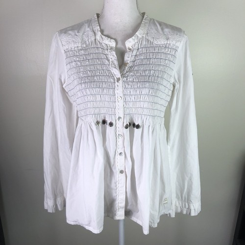Odd Molly Y2K women’s smock front buttoned embellished peasant top Sz M white | eBay
