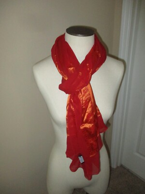 Red Orange Bohemian Sheer Silk Blend Oblong Scarf Wrap Shawl 24" x 81 ...