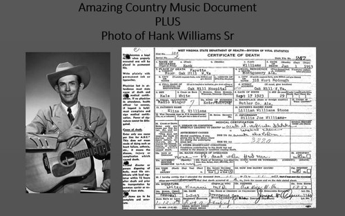 Hank Williams Sr Research DEATH CERTIFICATE + PHOTO Country Music Star ...