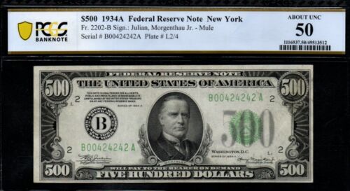 1934A $500 Federal Reserve Note NEW YORK w/ REPEATER SERIAL NUMBER ...